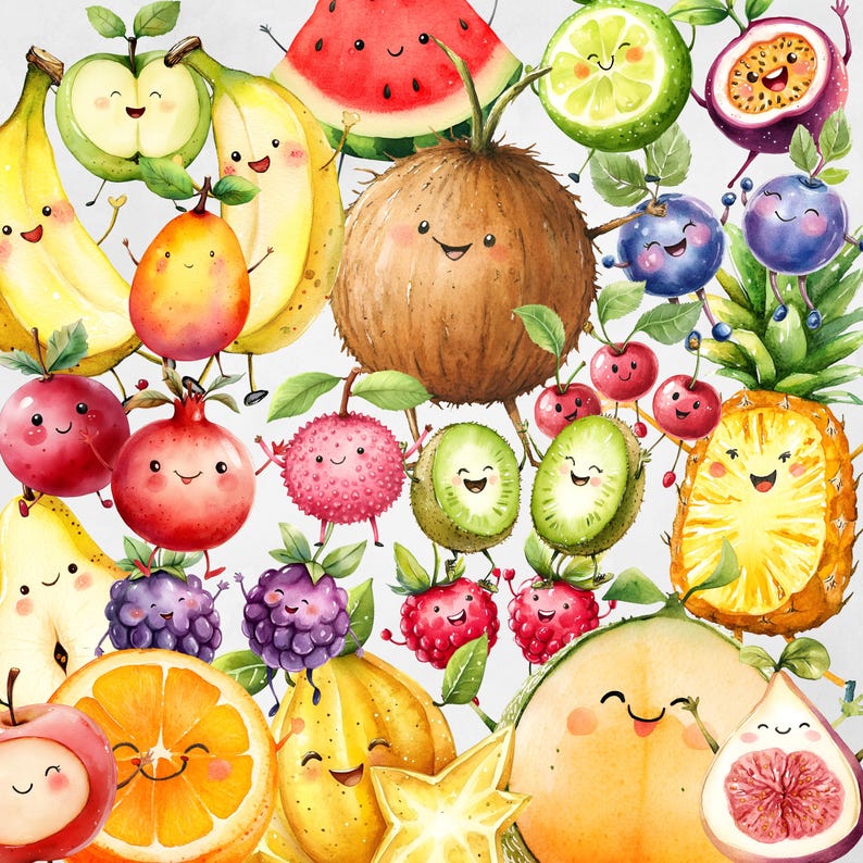 Dancing Fruit Clipart, Cute Kawaii Watercolor Fruit Clipart Set 300 DPI ...