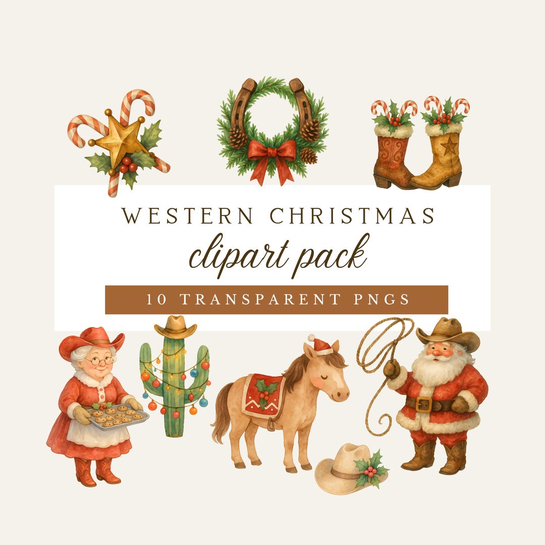 Western Country Christmas PNG Clipart: Cowboy Santa, Cactus Tree, Horse ...