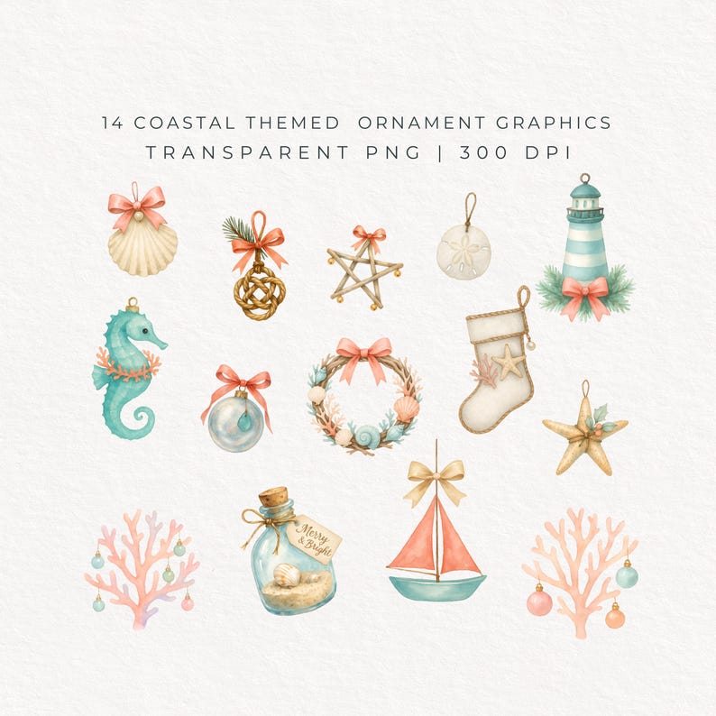Beach Christmas Clipart, Coastal Christmas Watercolor PNG, Tropical ...