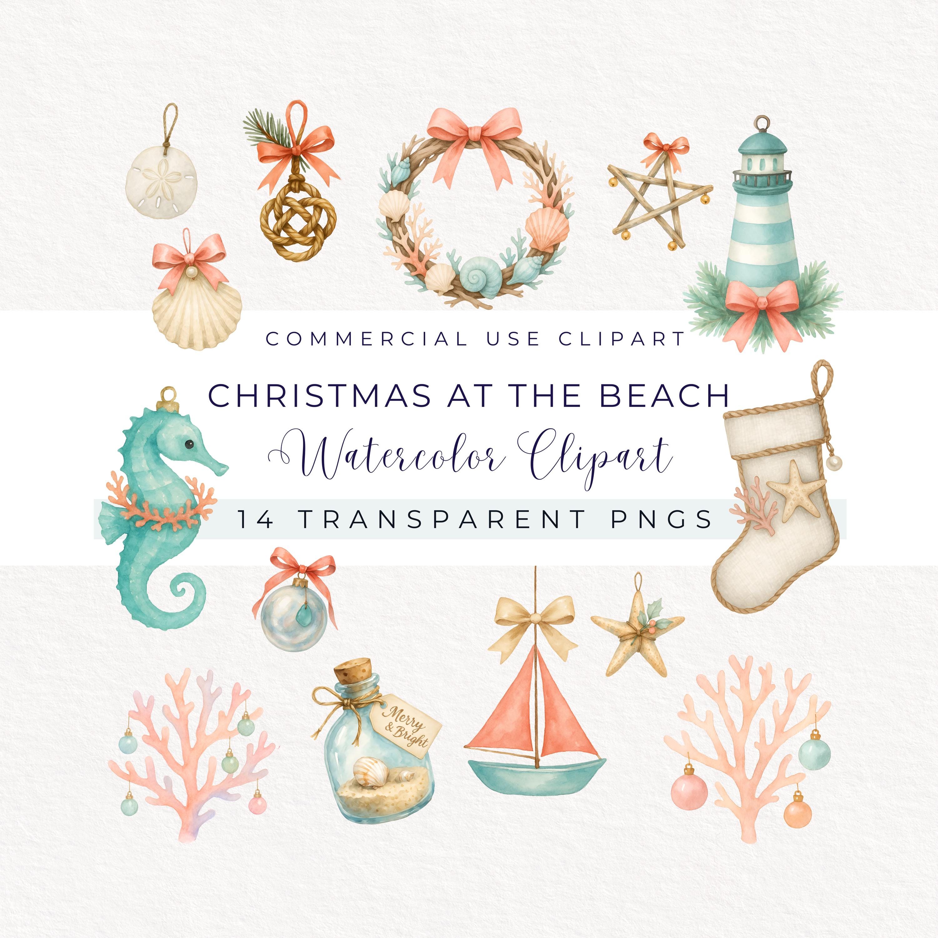 Beach Christmas Clipart, Coastal Christmas Watercolor PNG, Tropical ...