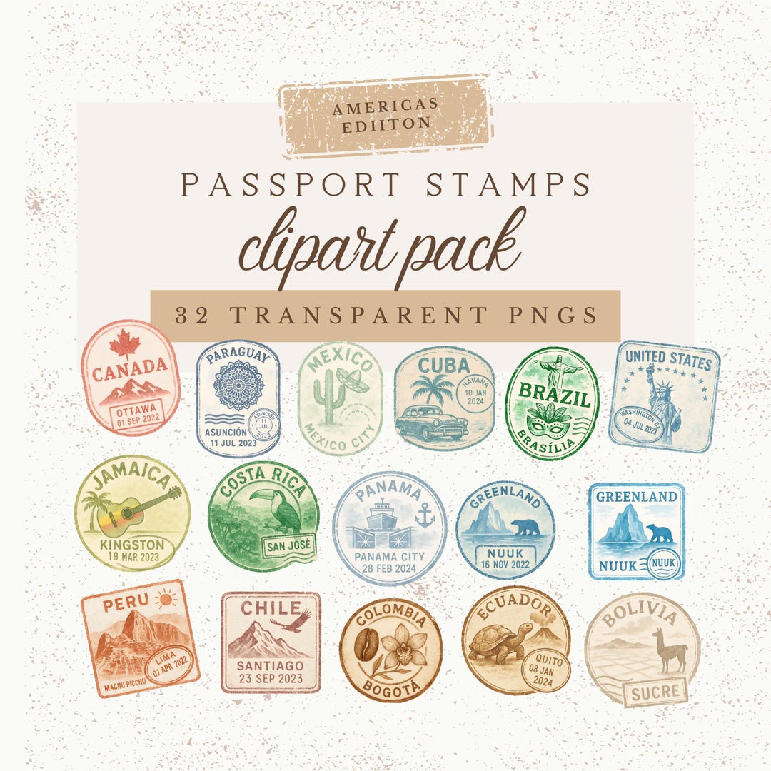 Americas Passport Stamps PNG Clipart: Vintage Travel Scrapbook Graphics ...