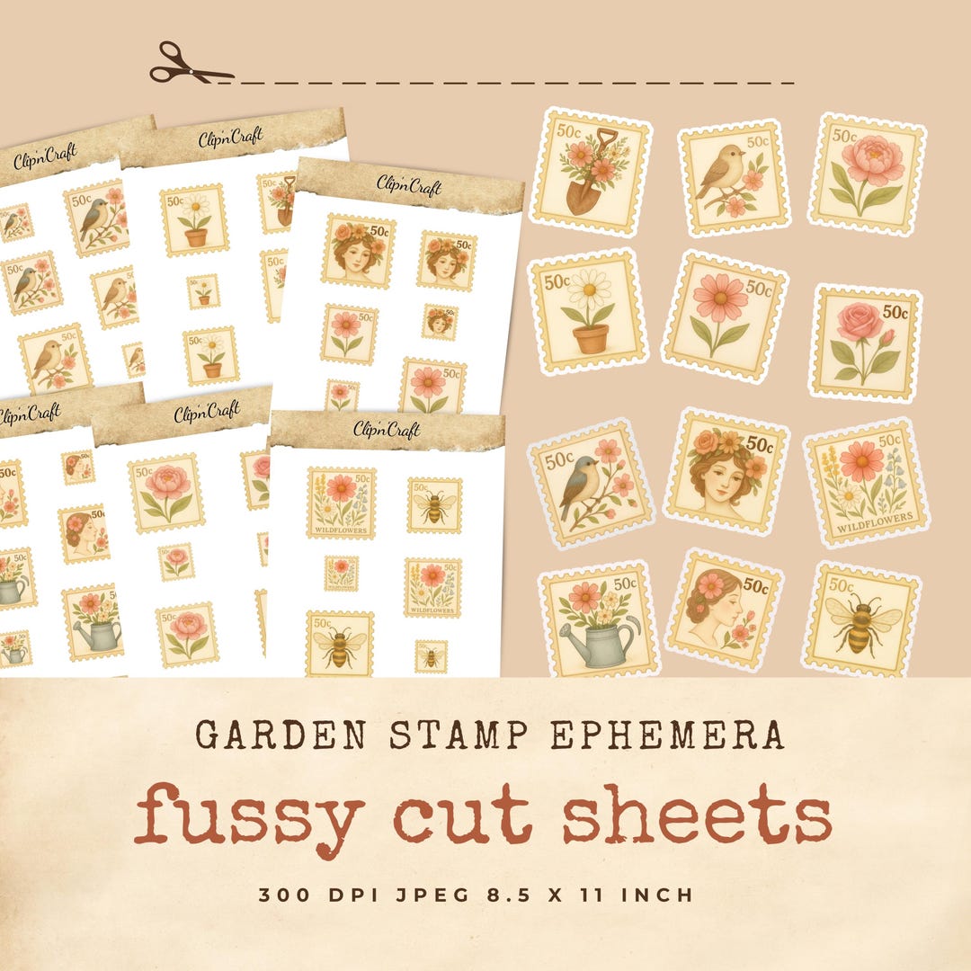 Vintage Stamp Ephemera, Fussy Cut Stamps Floral, Printable Collage ...