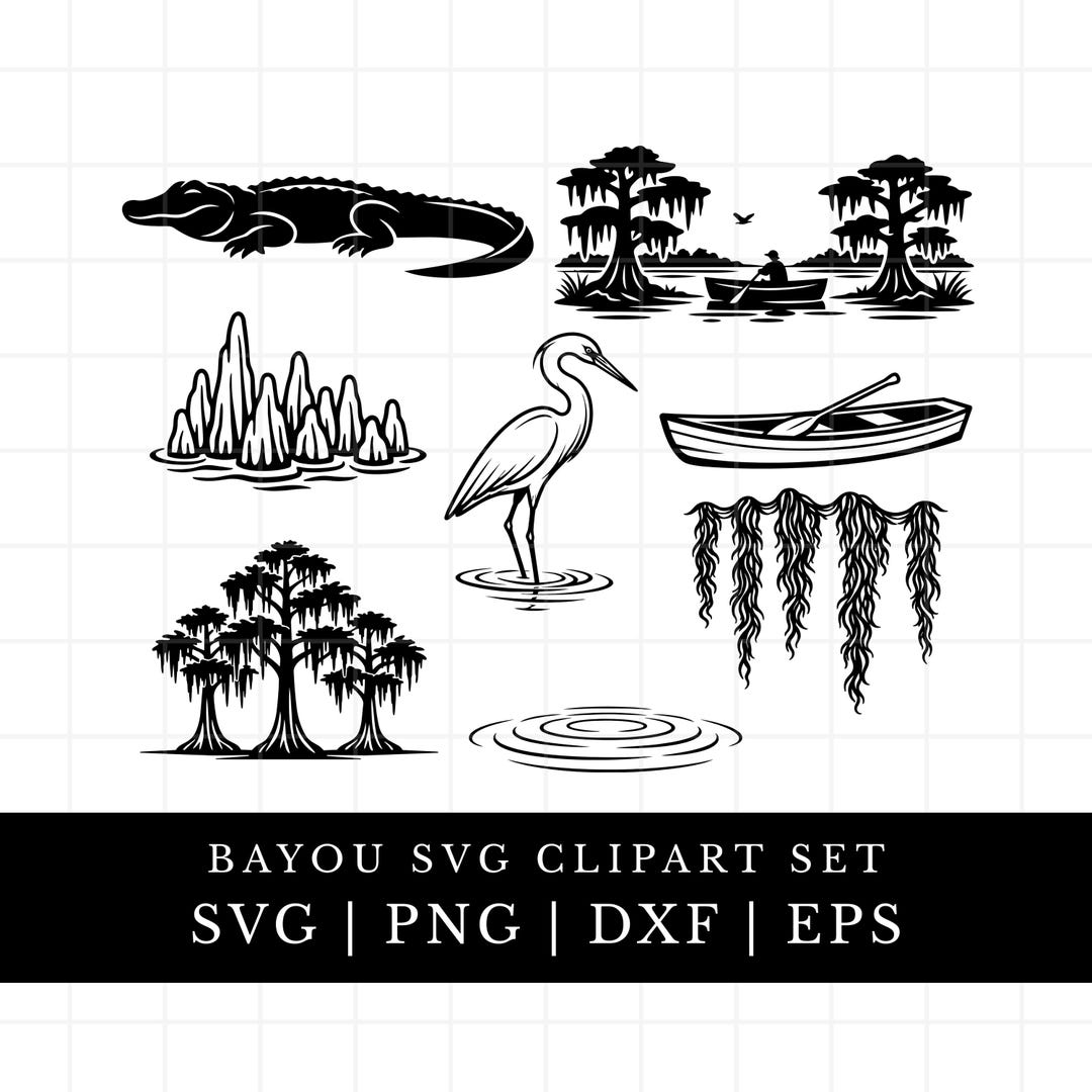 Bayou SVG Clipart, Louisiana Swamp, Cypress Tree, Alligator, Spanish ...