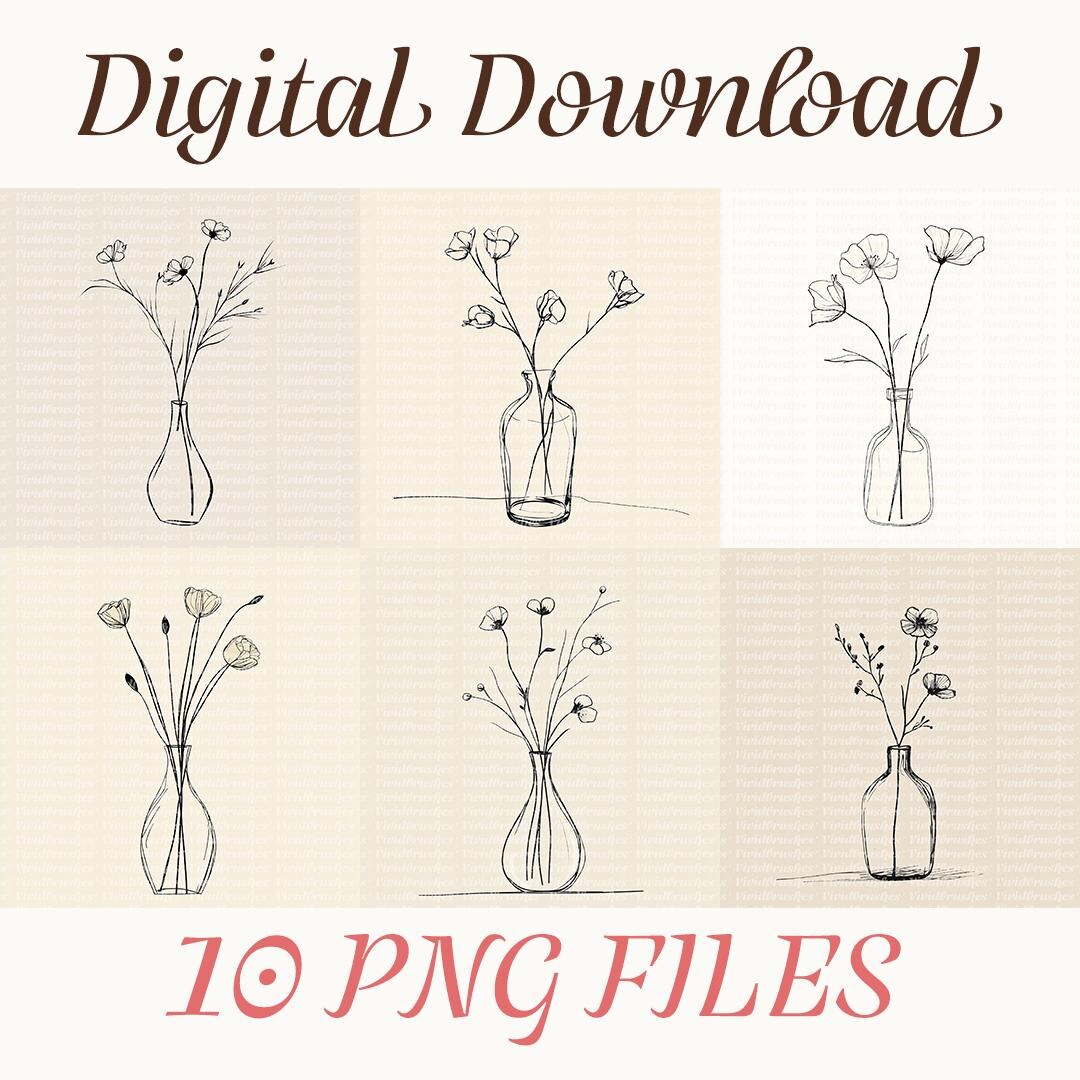 10 Flower Line Clipart, Flowers Print, Printable Line Clipart, High ...