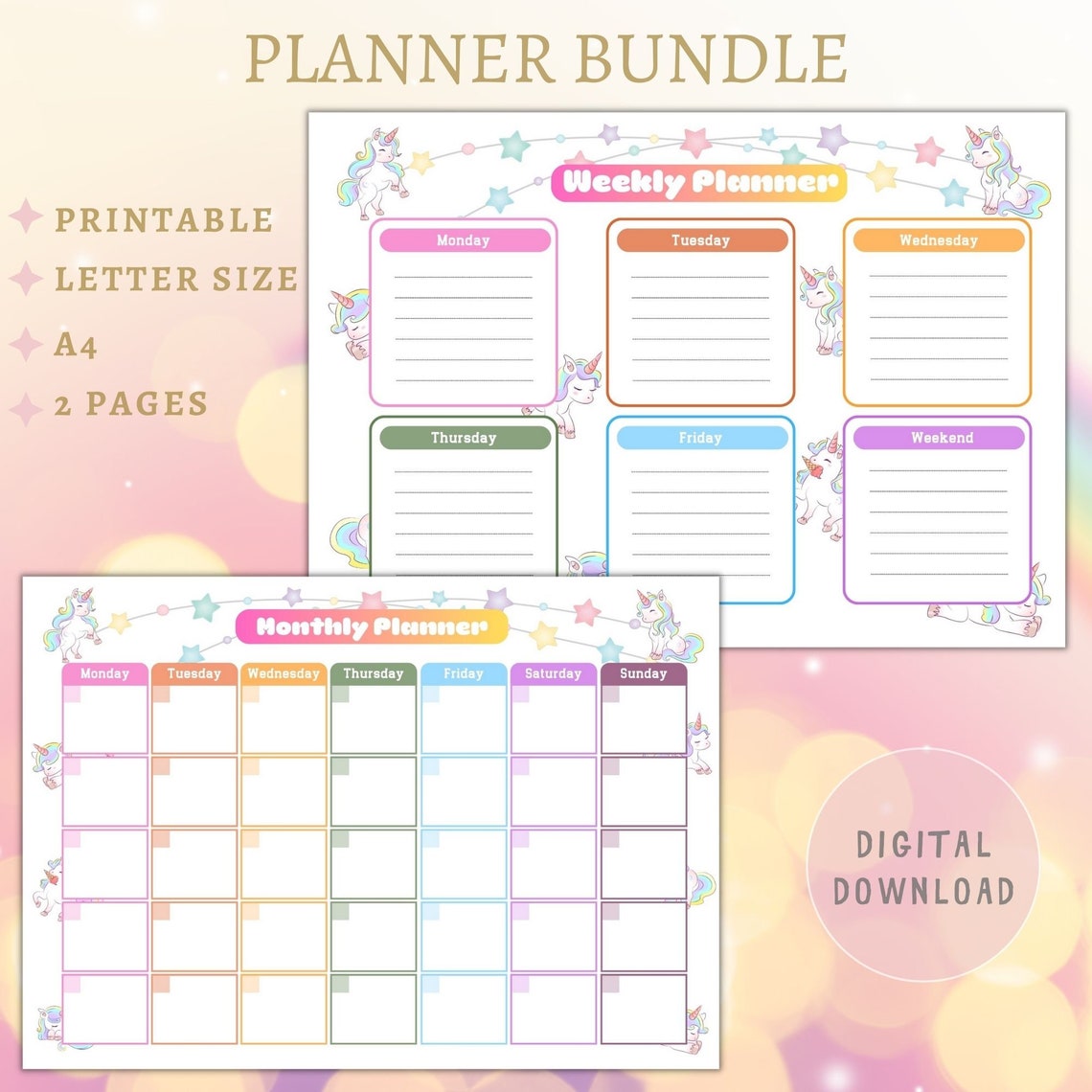 Unicorn Planner Set, Kids Planner Bundle, Weekly Planner, Monthly ...