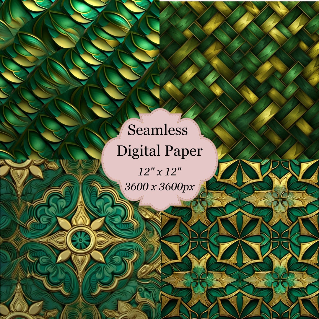 4 Seamless Digital Paper Green Gold Seamless Patterns Green Gold ...