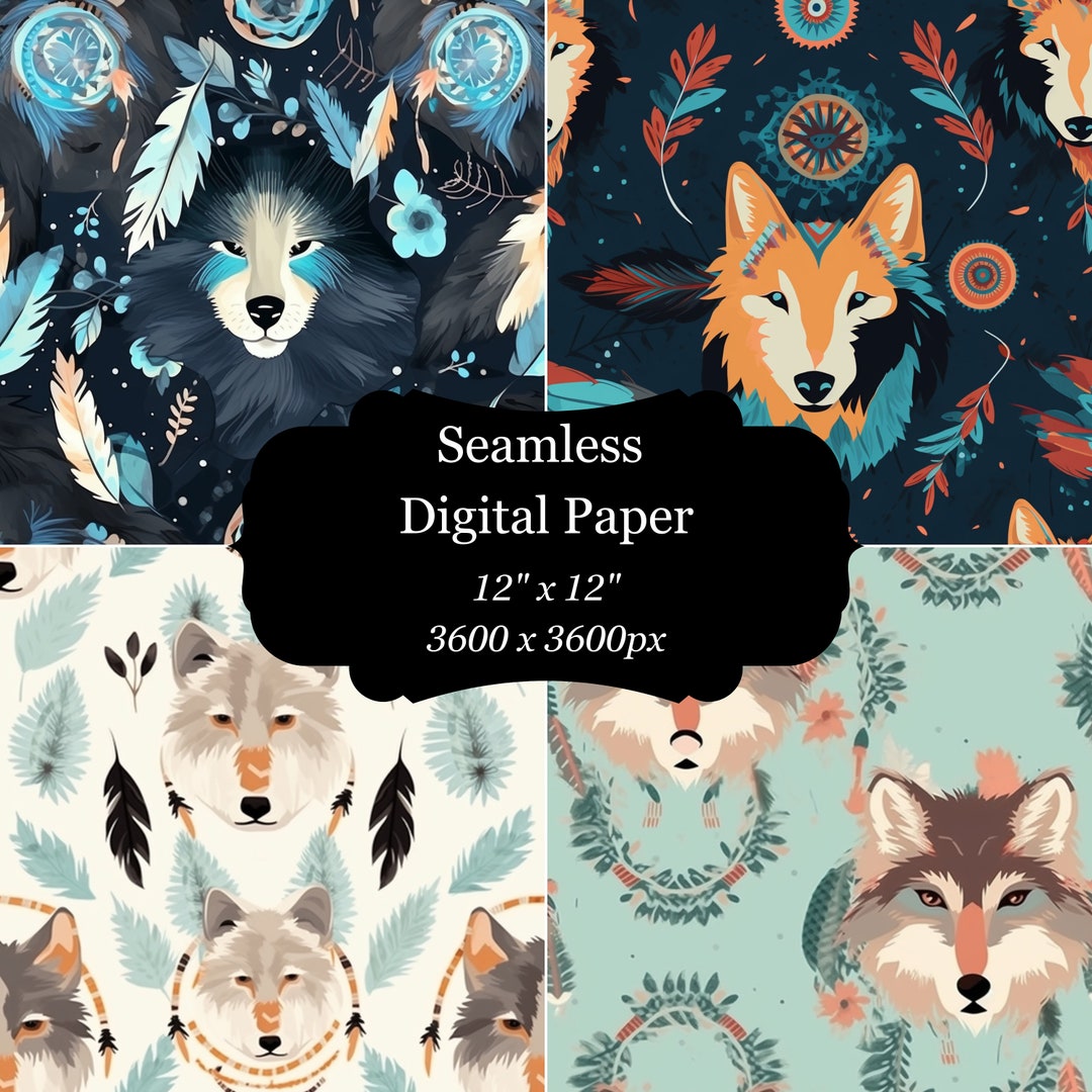 Seamless Digital Paper Boho Wolf Seamless Patterns Fun Scrapbook Paper ...