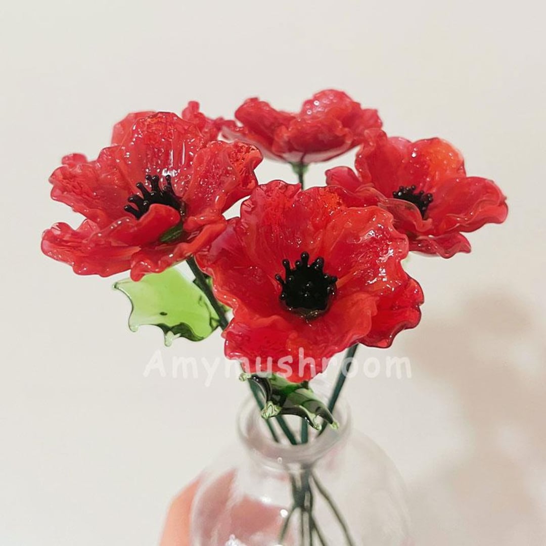 Glass Red Poppy Figurine, Glass Flower Sculpture, August Birth Flower ...