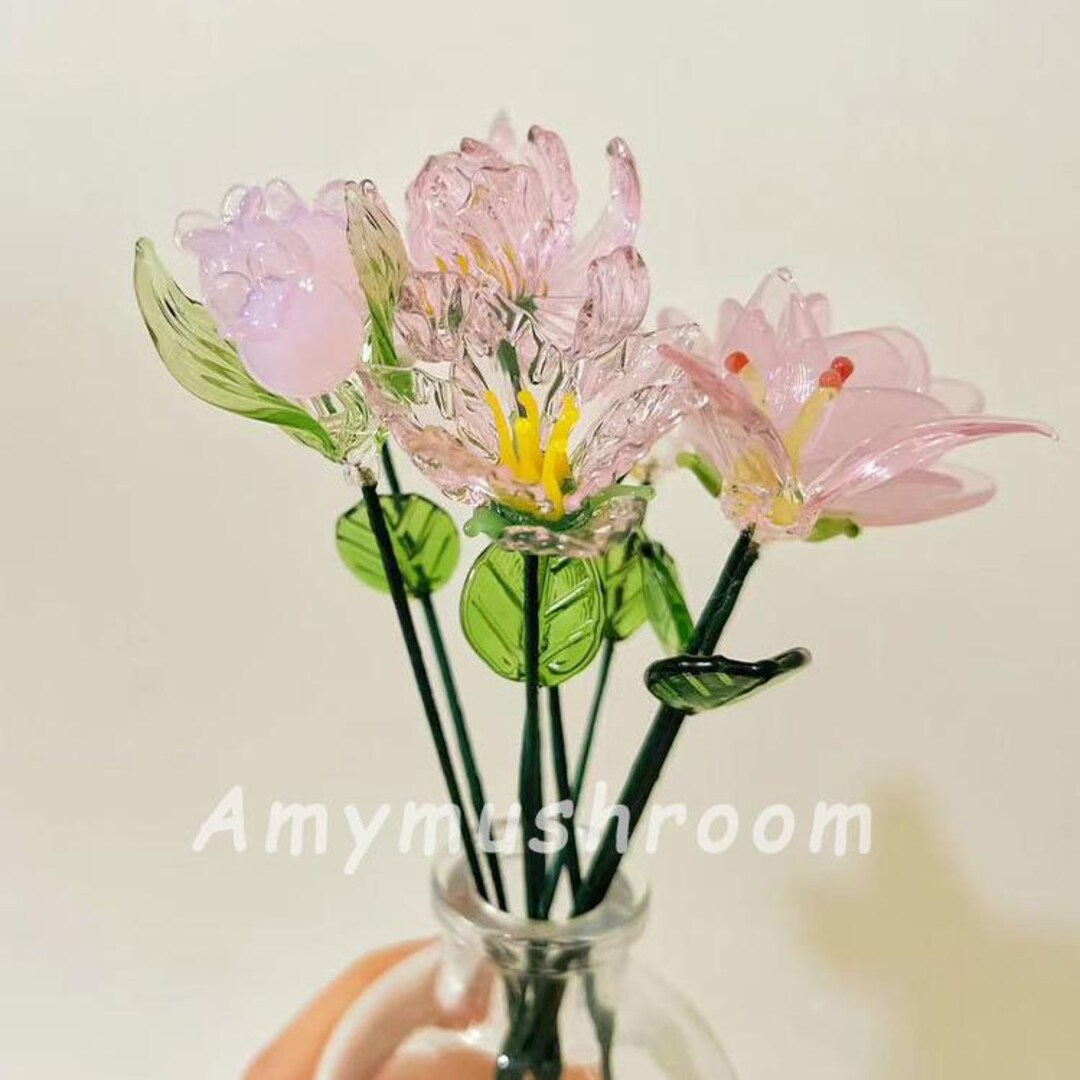 Pink Glass Flower With Stems, Lily, Larkspur, Rose, Daffodil Figurine ...