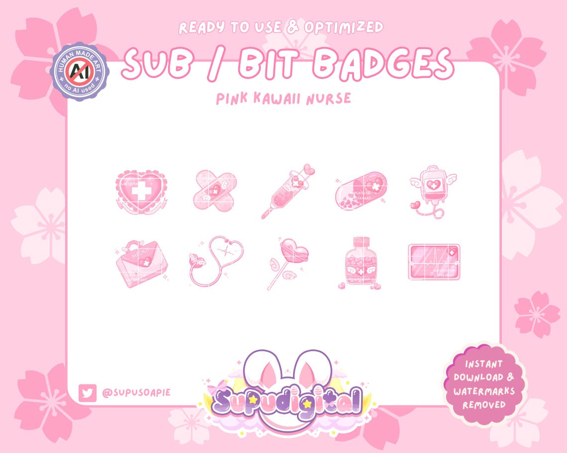 Twitch Sub Badges PNG, Kawaii Nurse Medic Badge Set, Pink Streamer ...