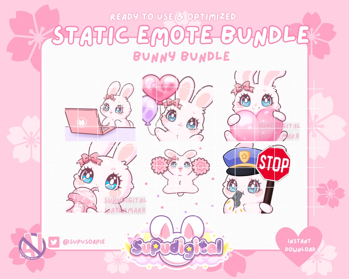 Cute Twitch Emote Bundle Pack Cute Bunny, Pastel Pink Soft Aesthetic ...