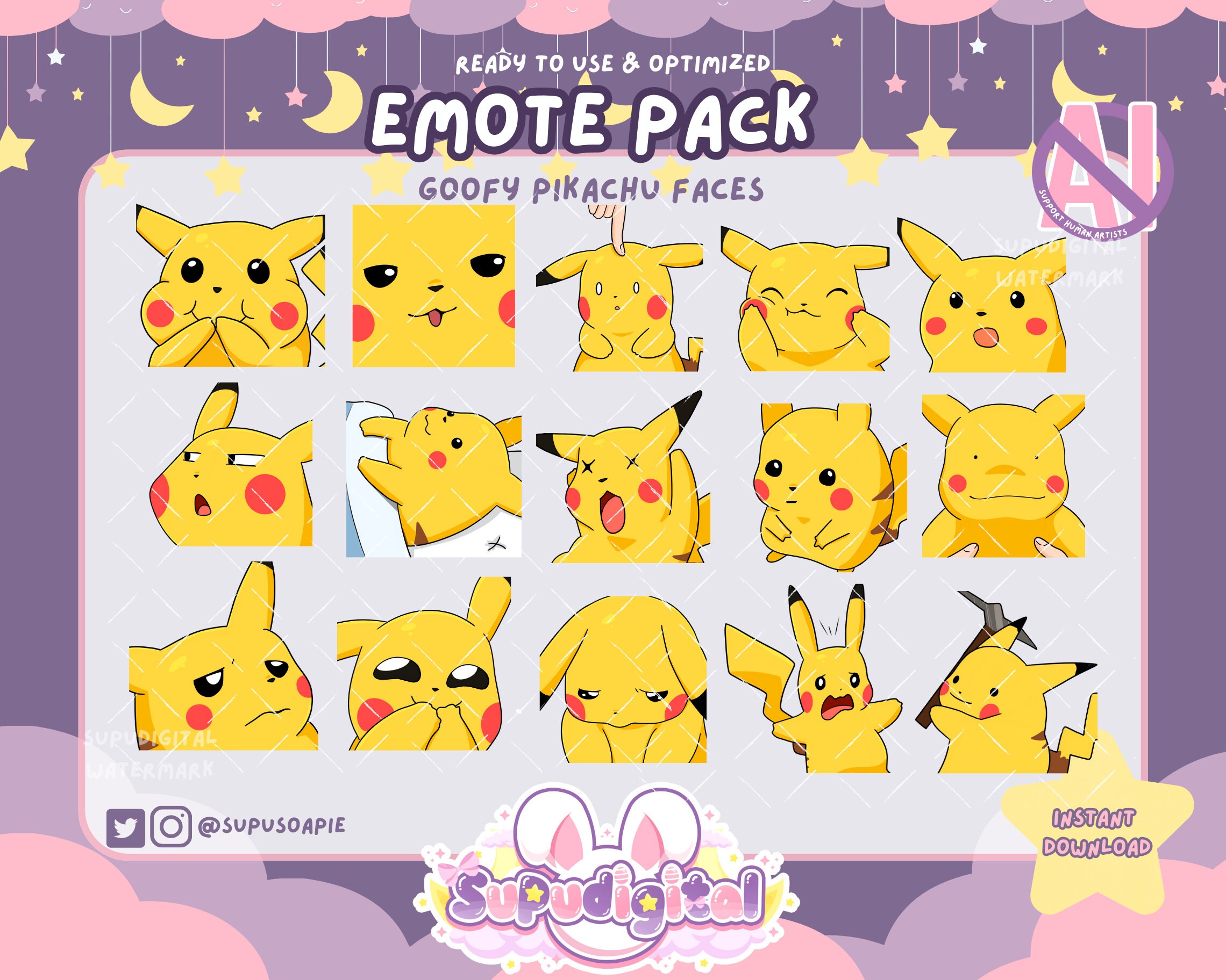 15 Goofy Pikachu Faces Twitch Discord Tiktok Emotes Bundle, Pack, Human ...