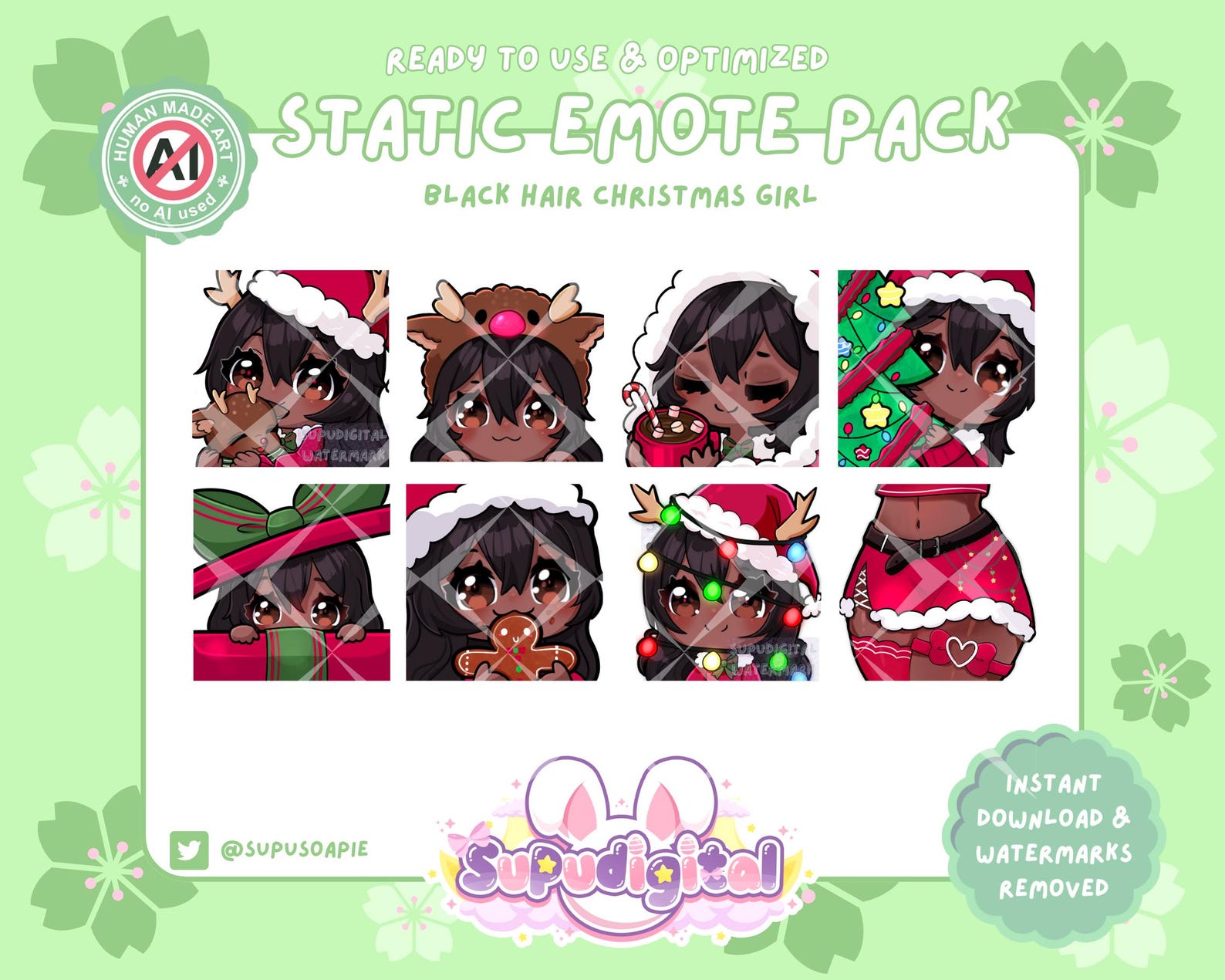 Christmas Twitch Emote Pack Chibi Anime Black Poc Girl Emotes: Discord ...