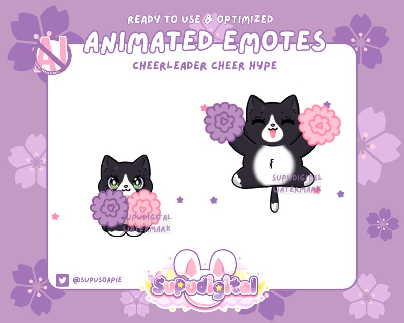 ANIMATED Twitch Emote Tuxedo Cat Cheer Hype Celebrate Cute Pastel Pink ...