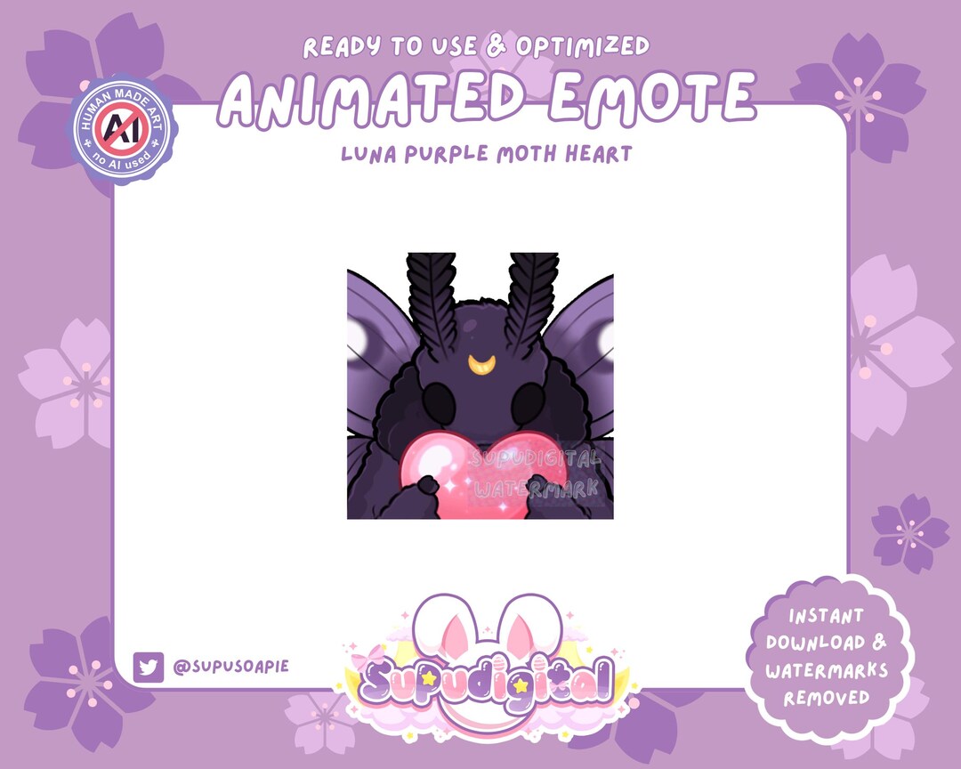 ANIMATED Moth Twitch Emote, Purple Luna Moth, Cute Heart Hug Emote ...