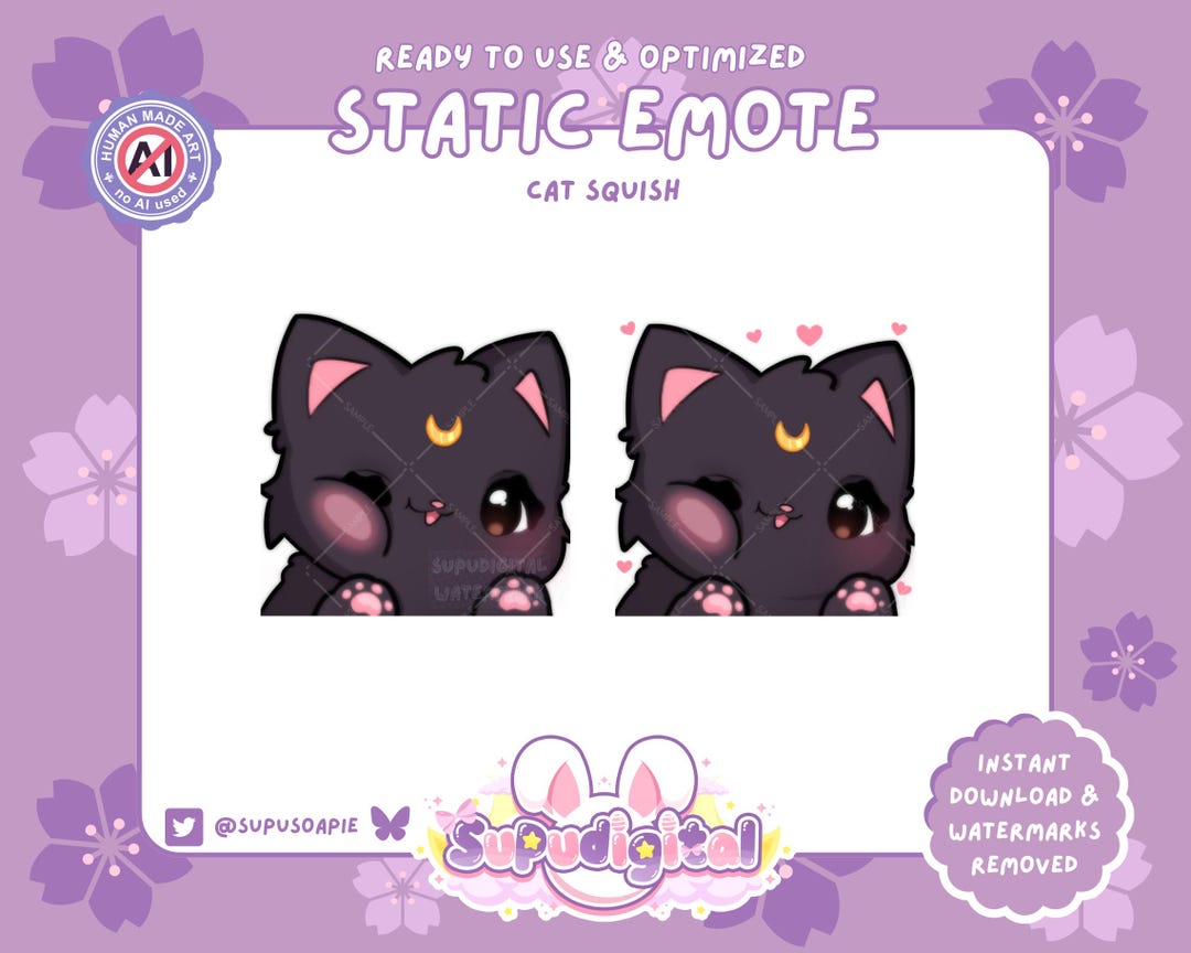 Cute Moon Cat Emote, Face Squish Emote, Kawaii Black Kitten Emote ...