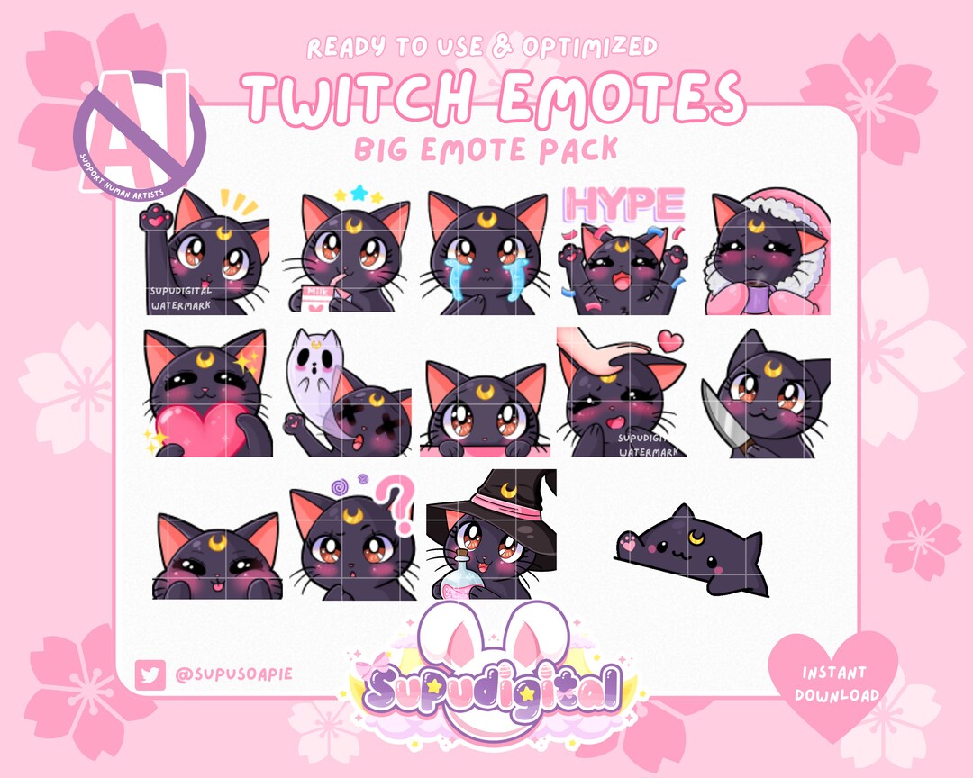 Twitch Emote Pack Bundle Black Moon Cat Big Bundle With FREE Animated ...