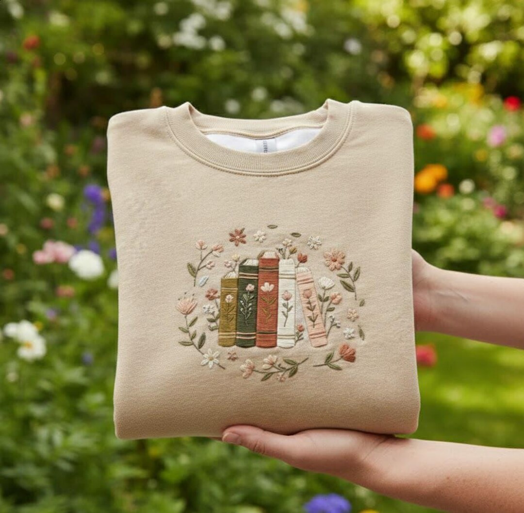 Floral Book Stack Embroidery Design, Wildflower Reading Digital File ...
