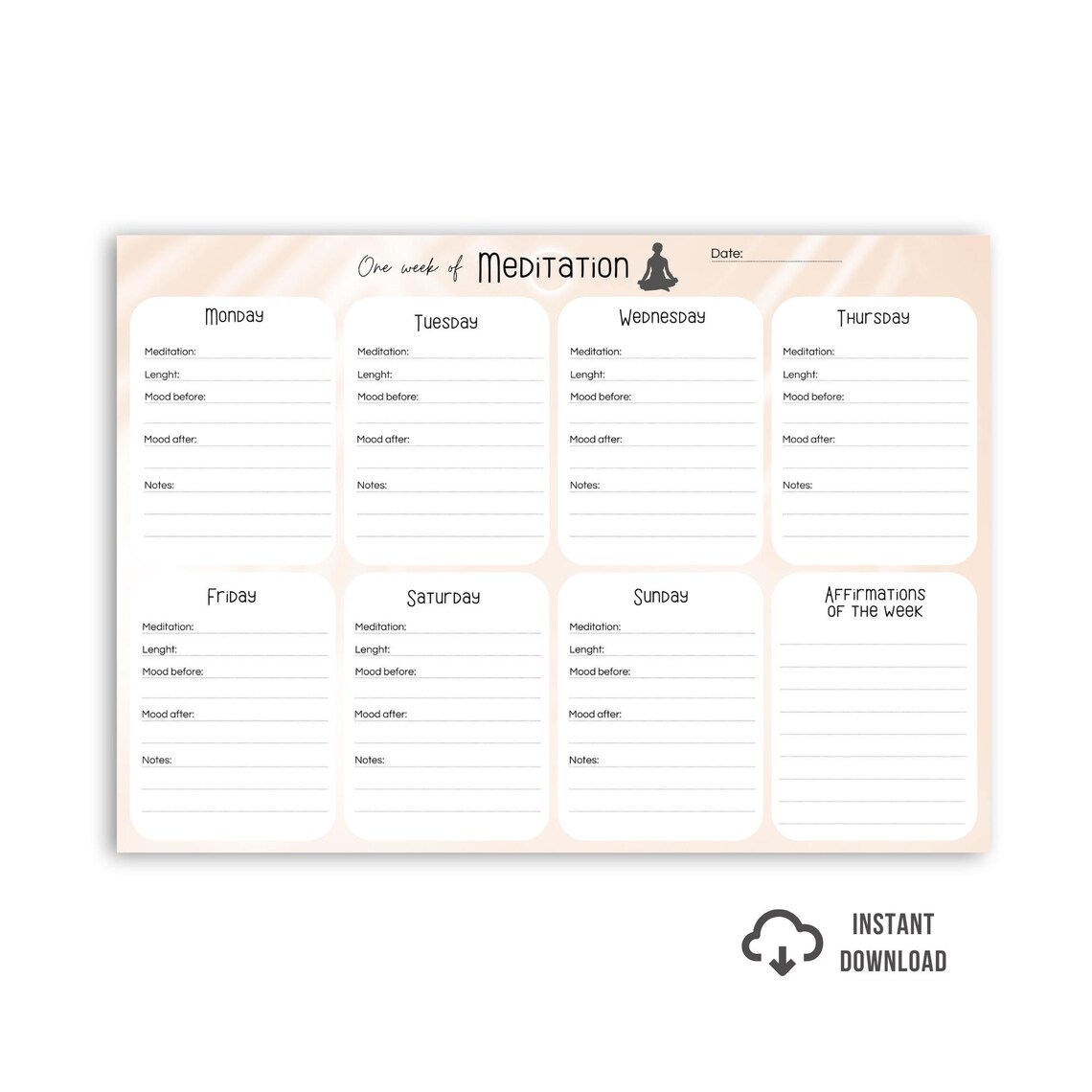 One Week Meditation Log Mindfullness Tracker Weekly Pink Planner A4/A5 ...