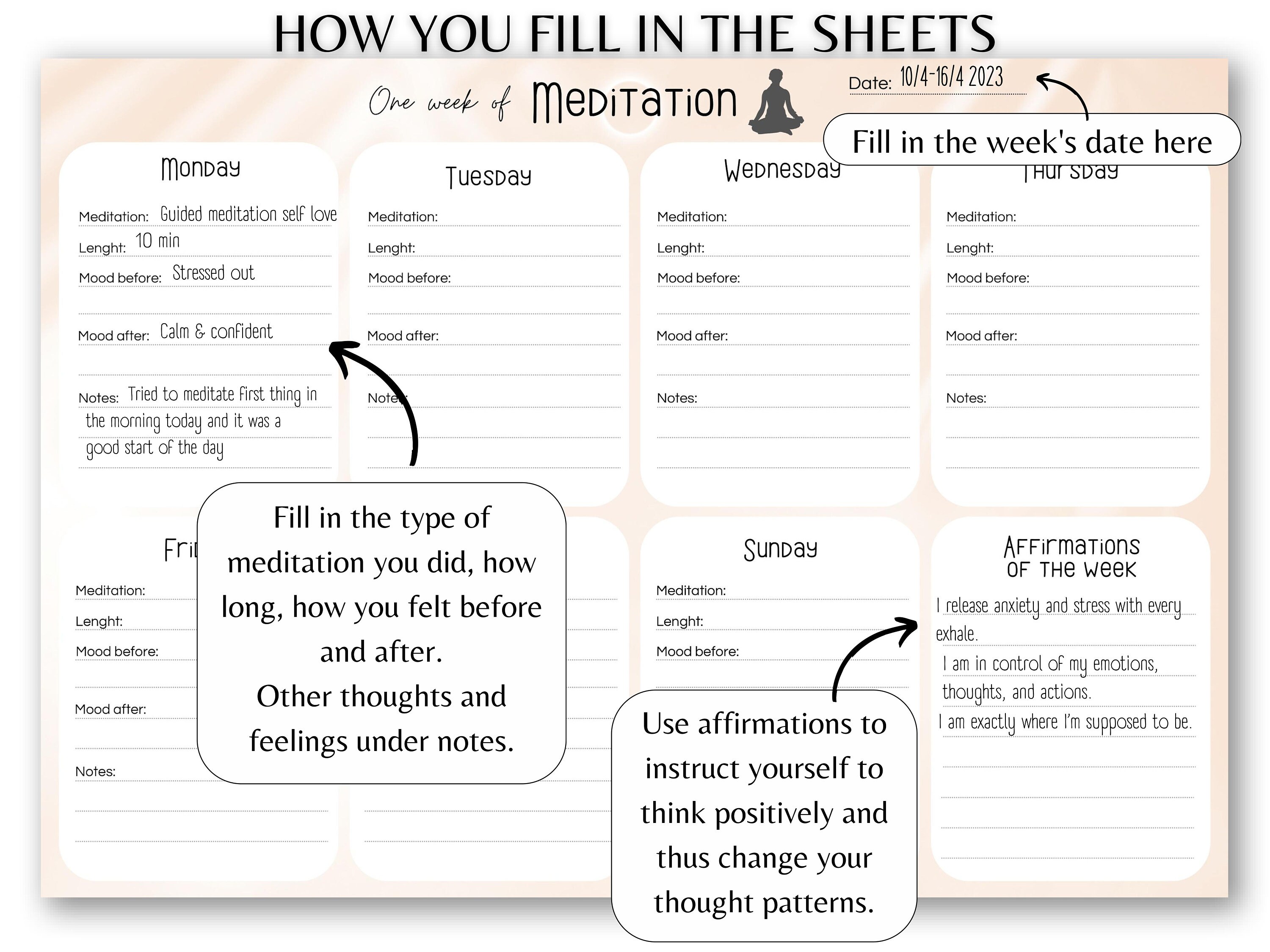 One Week Meditation Log Mindfullness Tracker Weekly Pink Planner A4/A5 ...