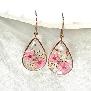14K Gold Forget Me Not Real Flower Earrings, Handmade Pressed Flower Resin Earrings, Dangle Drop ...