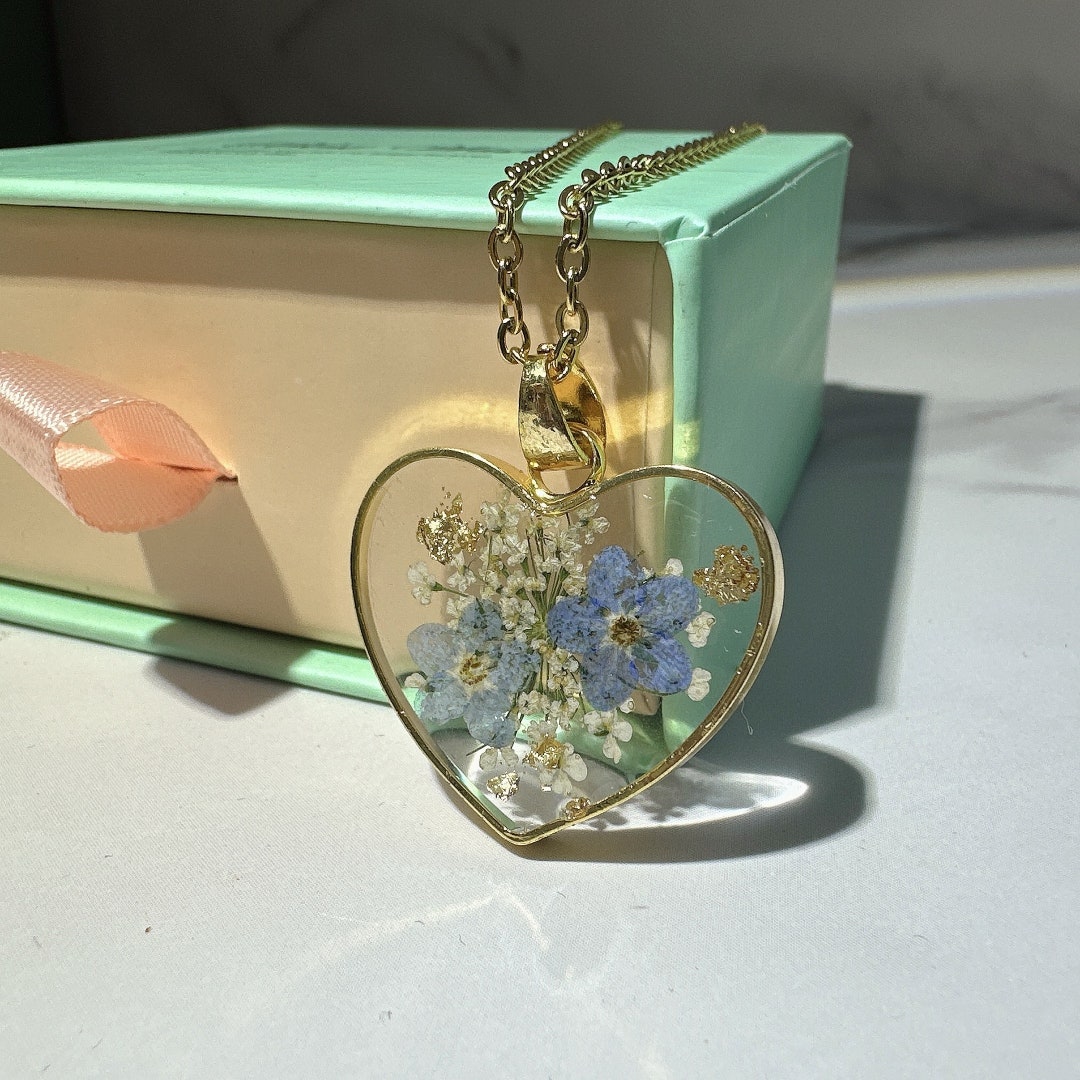 Heart Necklace,forget Me Not Necklace, Forget Me Not Jewelry,hand Made ...