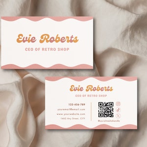 Retro Business Card Template With QR Code, Printable Pink Business Card Canva Template, Creative ...
