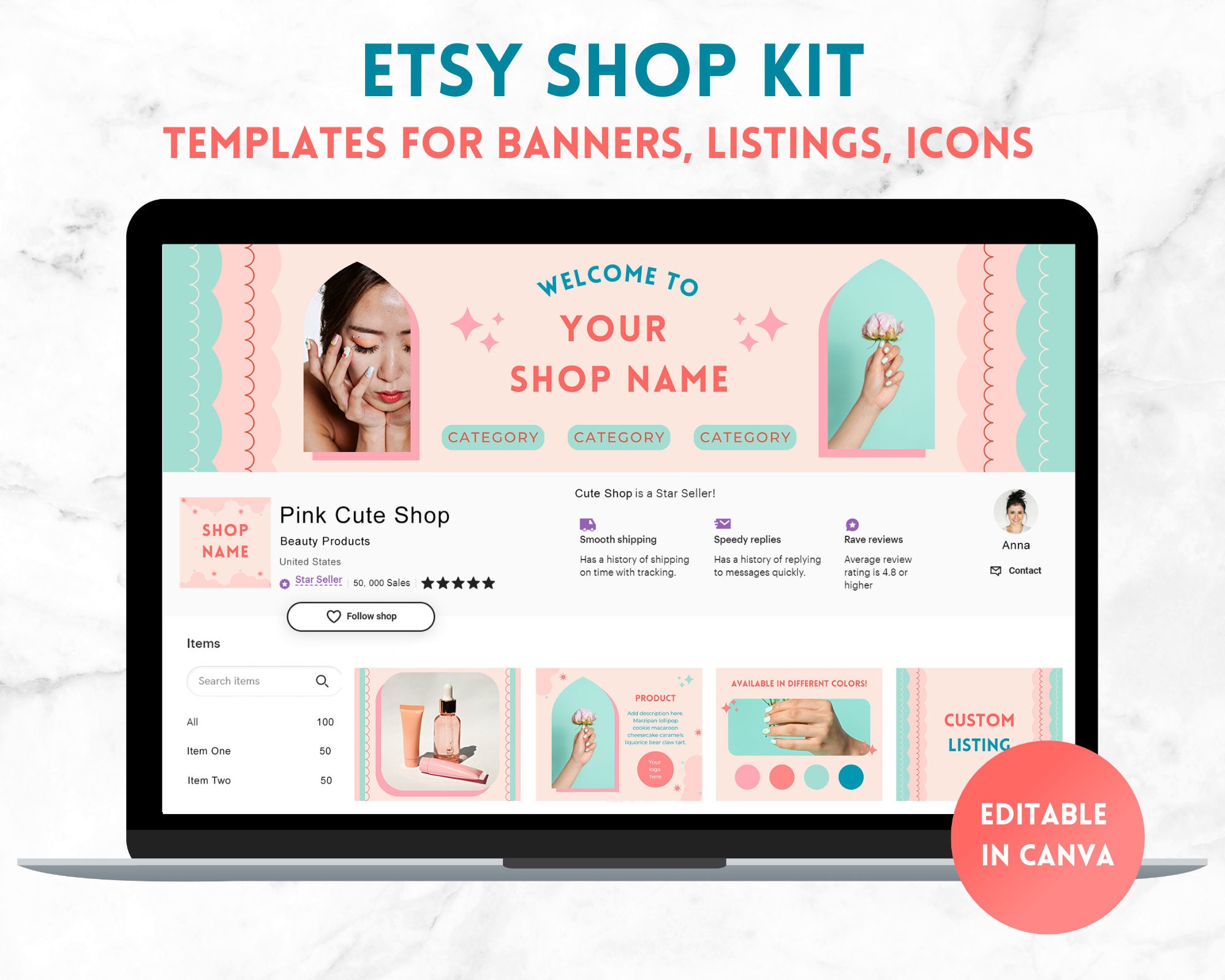 Pink Etsy Banner Template, Summer Etsy Shop Kit With Listing Photo ...
