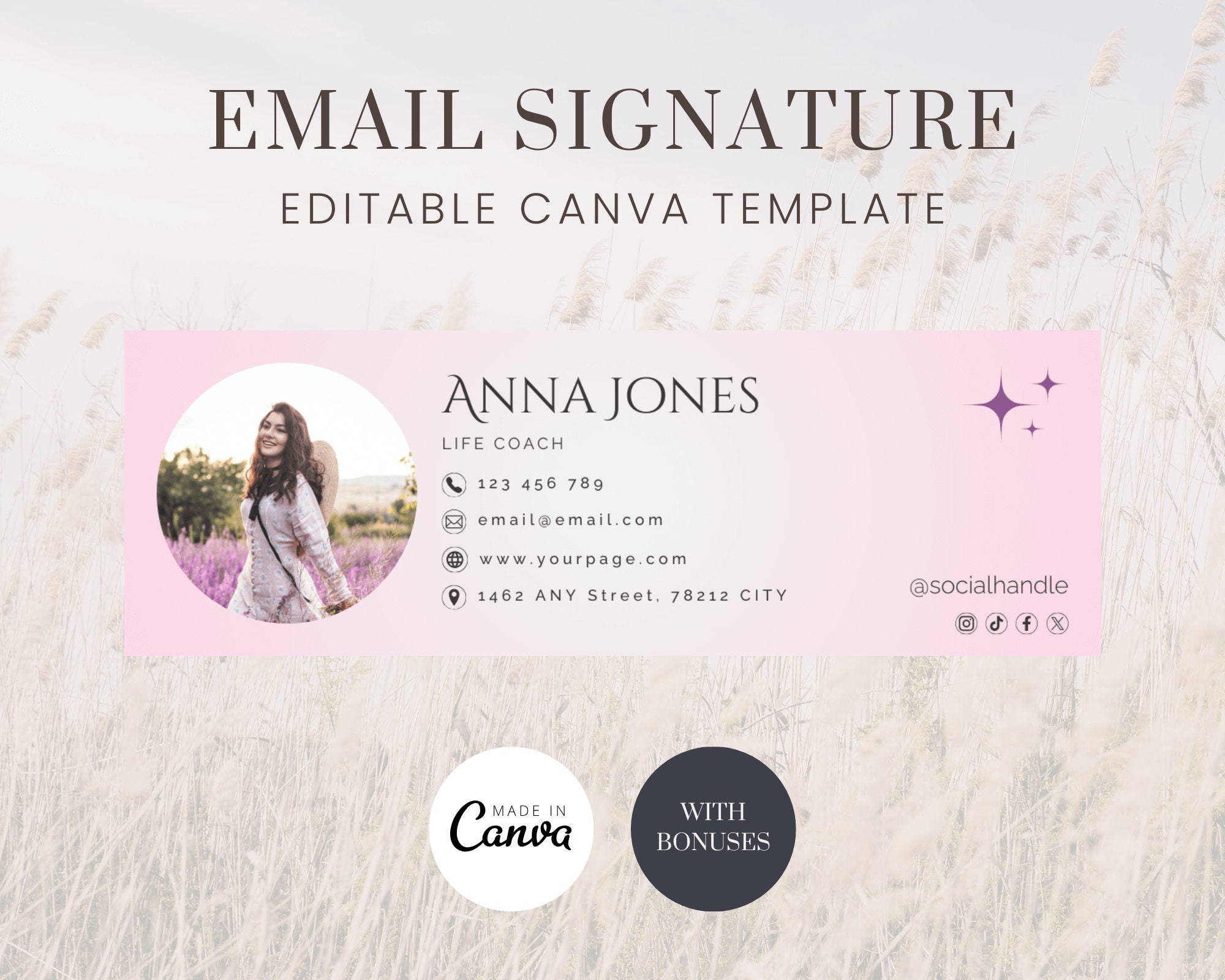 Purple Email Signature Template Canva, Editable Image Signature ...