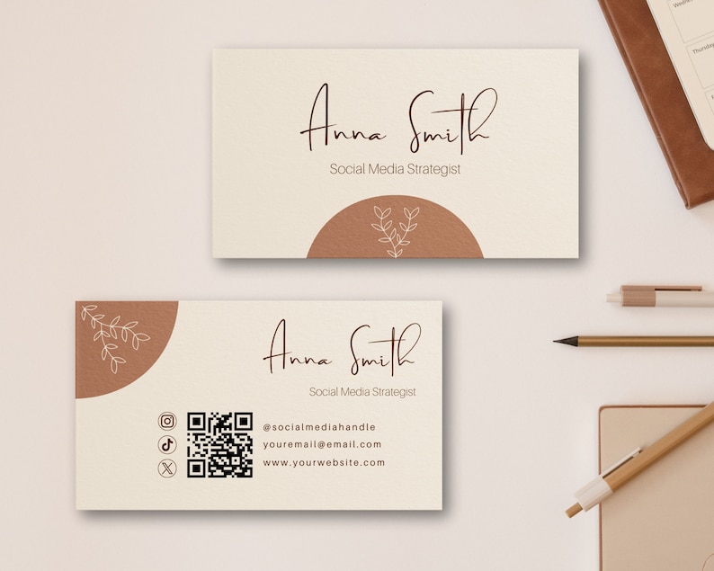 Beige Business Card Template With QR Code, Printable Business Card ...
