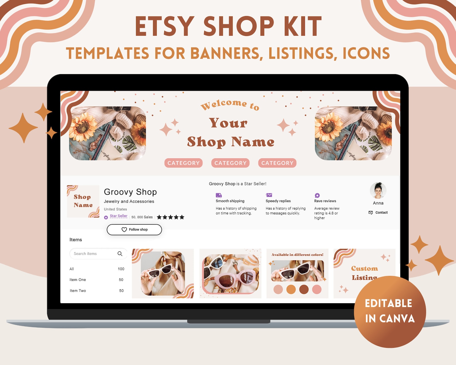 Retro Etsy Banner Template, Retro Etsy Shop Kit With Listing Photo ...