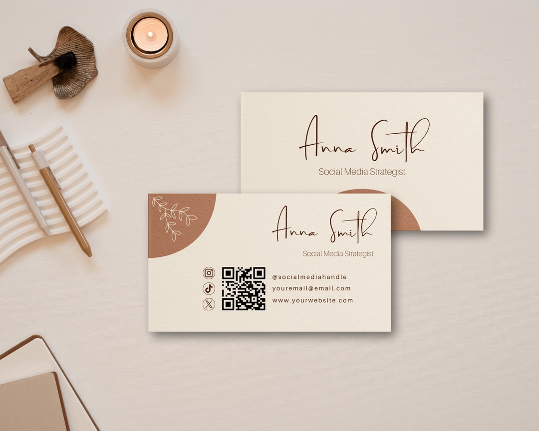 Beige Business Card Template With QR Code, Printable Business Card ...