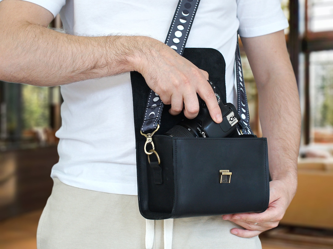 Black Camera Bag Personalized, Leather Camera Protective Case, Engraved ...