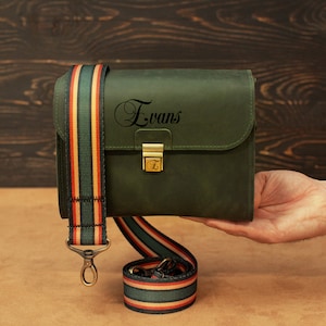 Green Leather Photography Bag, Custom Camera Bag, Engraved Camera Case ...