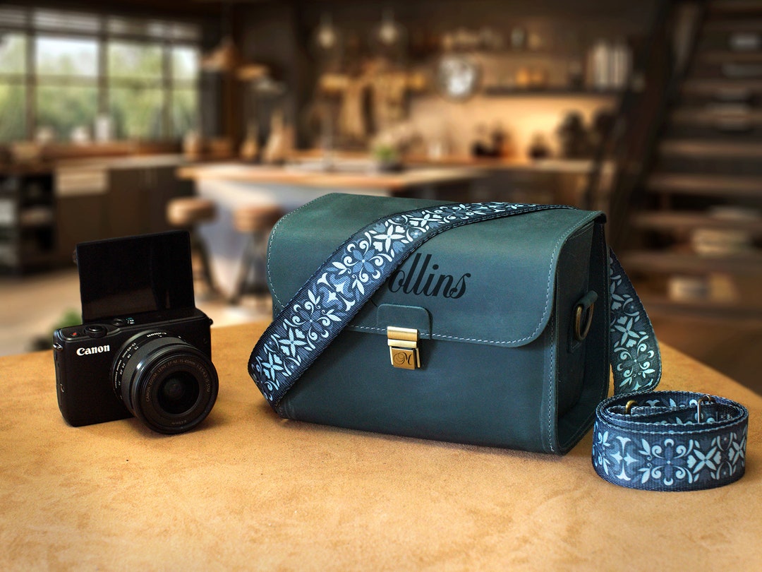 Blue Camera Bag Personalized With Leather & Nylon Straps, Engraved Photographer Camera Case ...