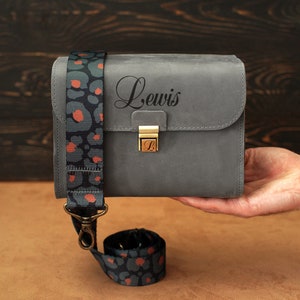 Gray Camera Bag With Printed Straps, Genuine Leather Camera Case ...