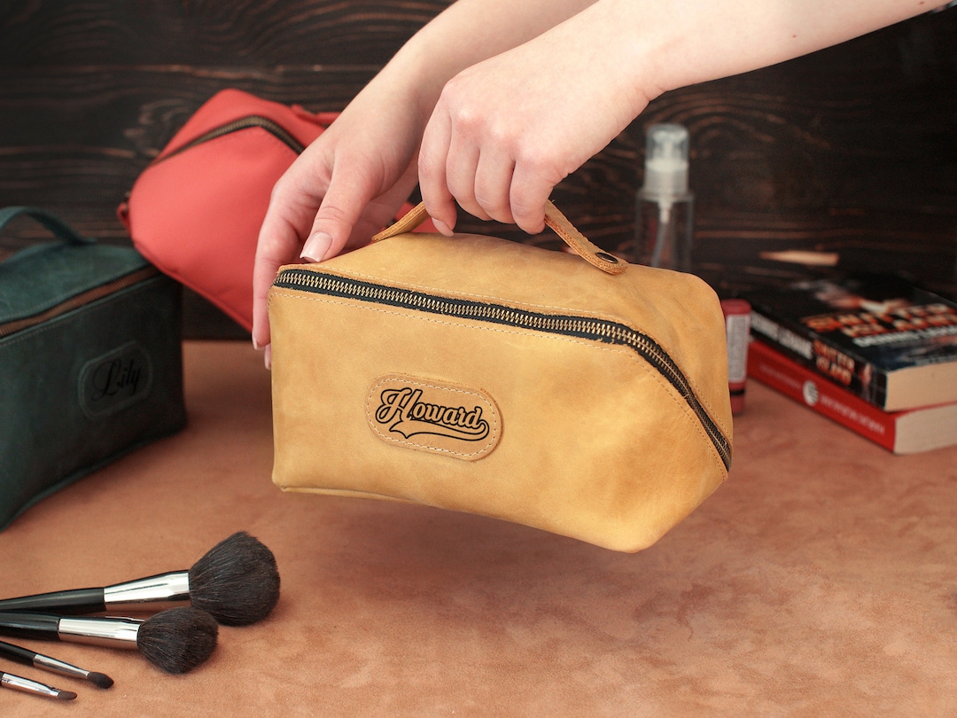 Leather Travel Make up Bag, Personalized Cosmetic Case for Her, Travel ...