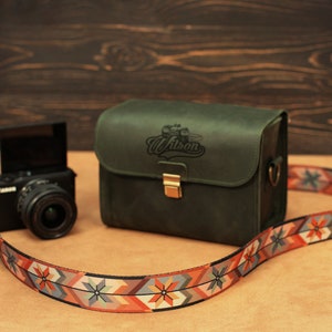 Green Leather Photography Bag, Custom Camera Bag, Engraved Camera Case ...