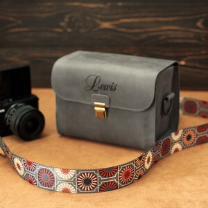 Gray Camera Bag With Printed Straps, Genuine Leather Camera Case ...