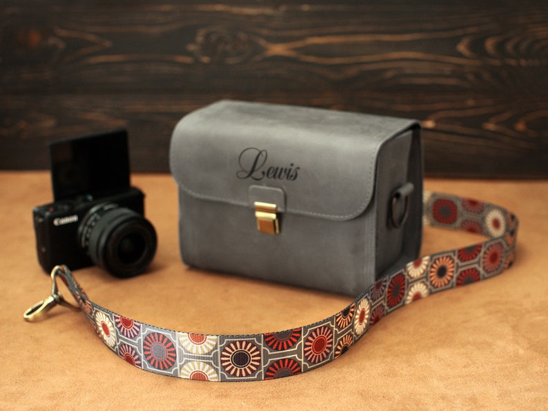 Gray Camera Bag With Printed Straps, Genuine Leather Camera Case ...