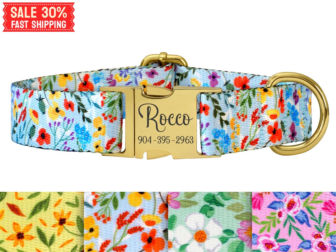 Wildflowers Pattern Dog Collar, Personalized Collar for Girl Dogs, Blue ...