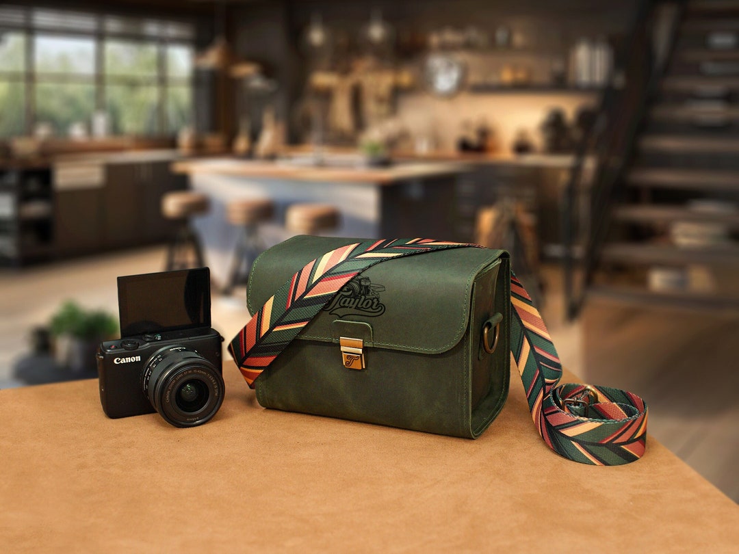 Green Leather Photography Bag, Custom Camera Bag, Engraved Camera Case ...