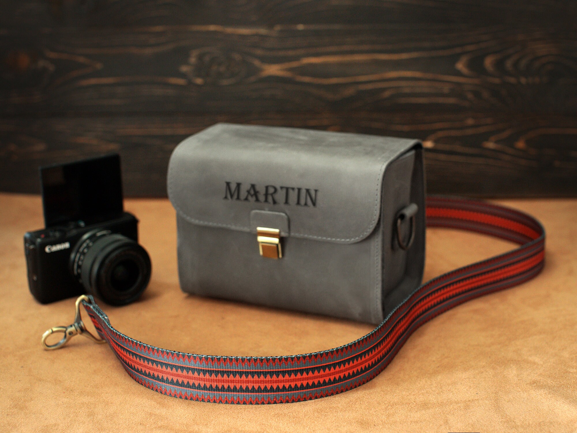 Gray Camera Bag With Printed Straps, Genuine Leather Camera Case ...