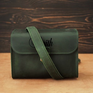 Green Leather Photography Bag, Custom Camera Bag, Engraved Camera Case ...