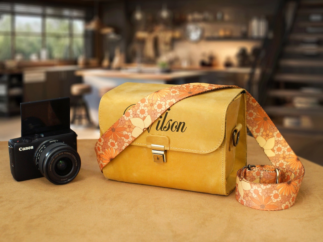 Yellow Leather Camera Bag With Customizable Strap Options, Genuine ...