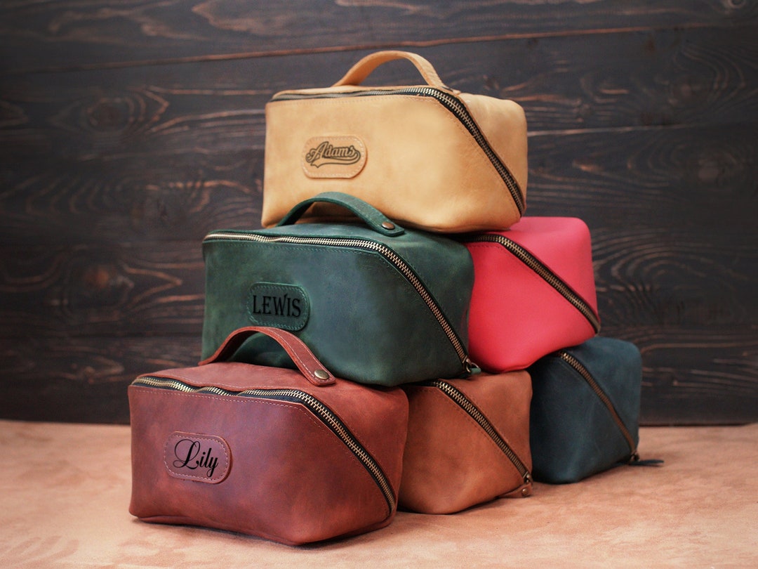 Engraved Leather Dopp Kit - 11 Colors Available, Custom Cosmetic ...