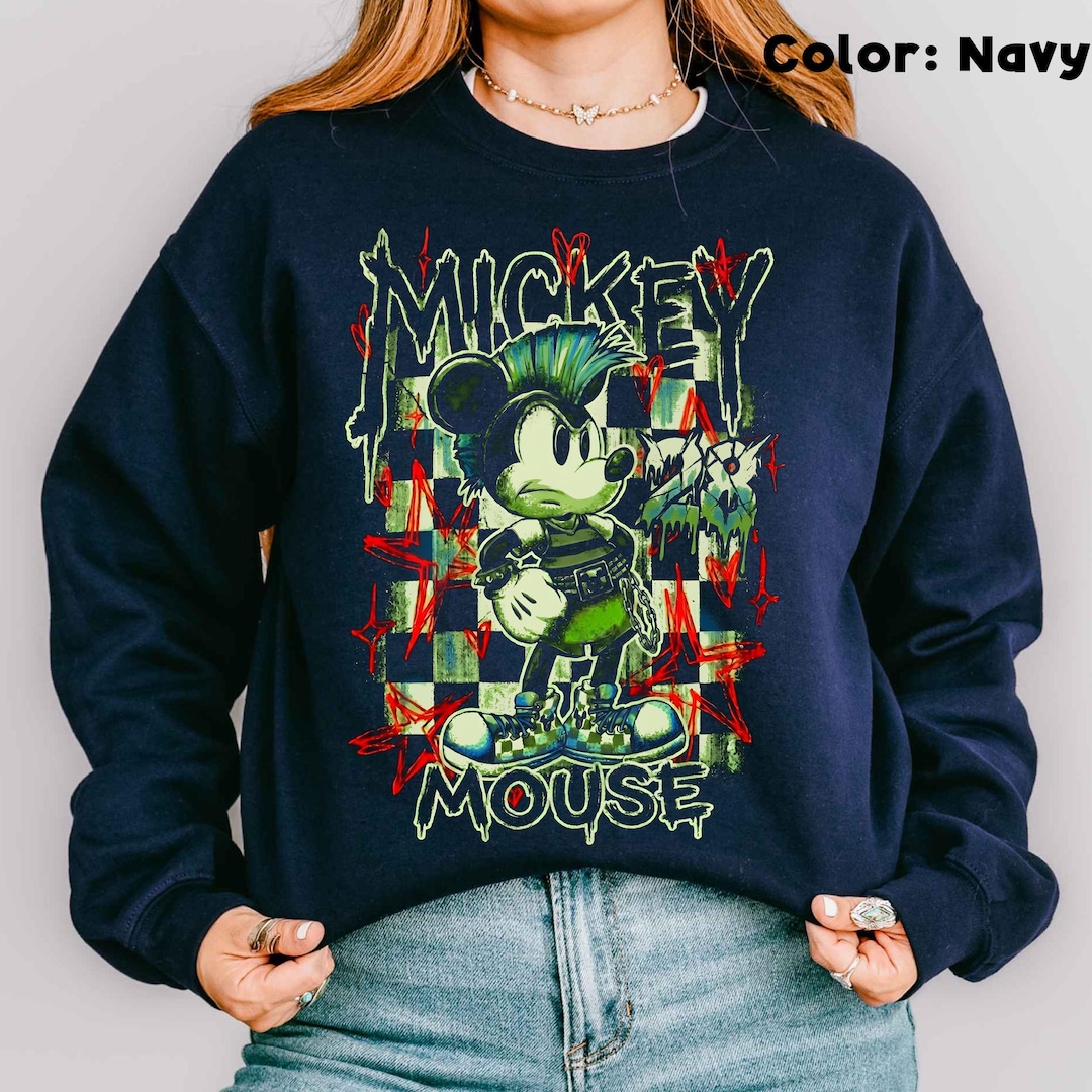 Retro Chercked Punk Rock Mickey Mouse With Blue Mohawk T-shirt, Blue ...