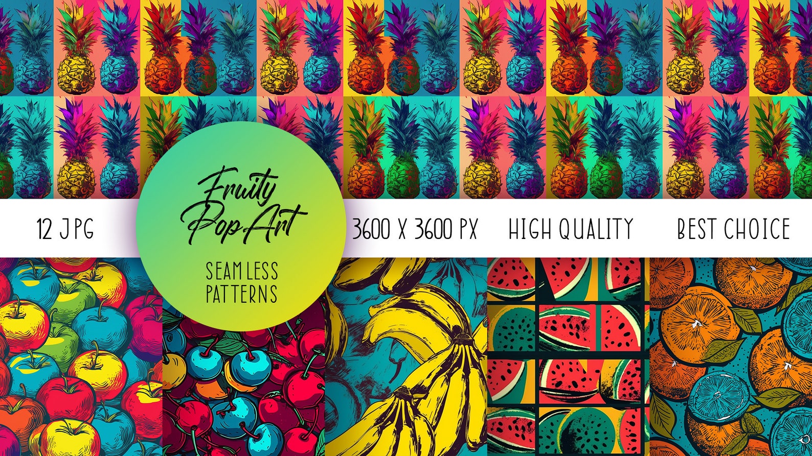 Fruit Pop Art Digital Paper in the Andy Warhol Style, Colorful Seamless ...