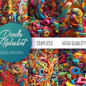 Doodle Alphabet Digital Paper, Seamless Cartoon Pattern, Seamless 3D ...