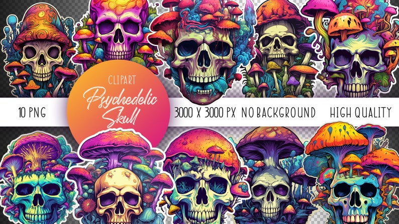 Psychedelic Skull Clipart, Poison Mushrooms and Slull Sticker Pack ...